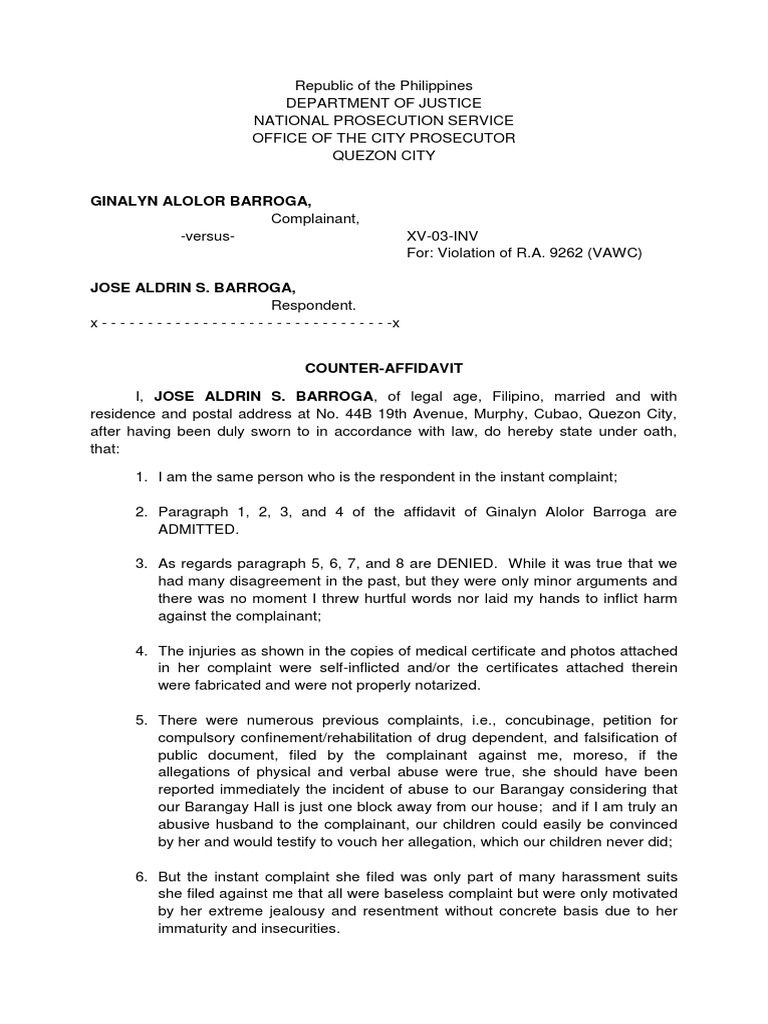 Barroga Counter RA 9262 | PDF | Affidavit | Complaint