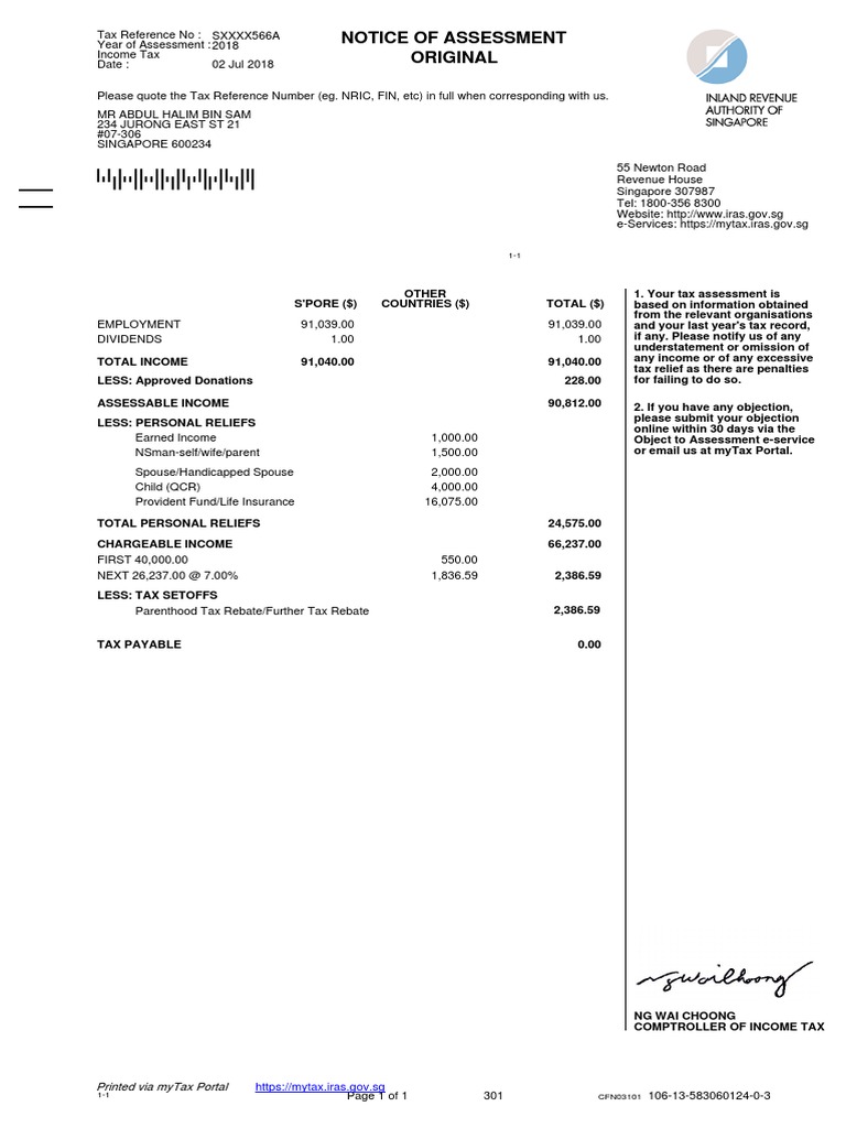 Notice of Assessment Original: Printed Via Mytax Portal | PDF | Public ...