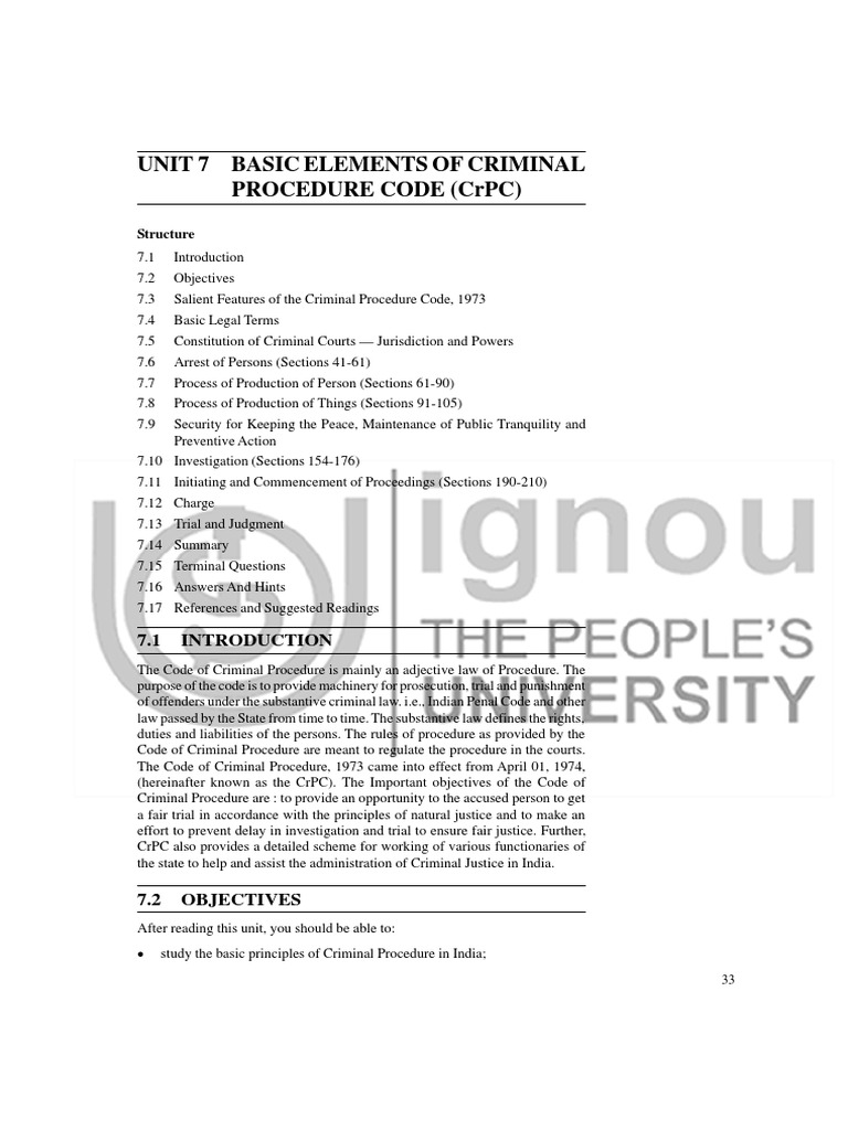 Unit 7 Basic Elements of Criminal Procedure Code (CRPC) : Structure ...