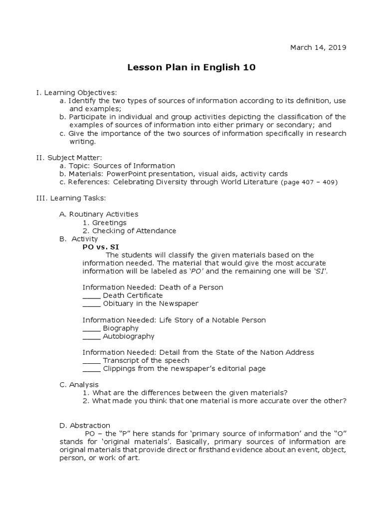 Lesson Plan in English 10 | PDF | Primary Sources | Lesson Plan