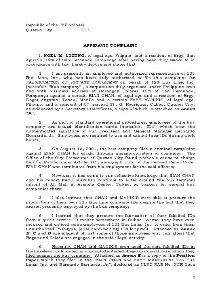 Complaint Affidavit Falsification NOEL | PDF | Falsifiability | Identity Document