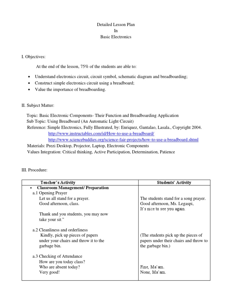 Detailed Lesson plan | Electronic Component | Electronic Circuits