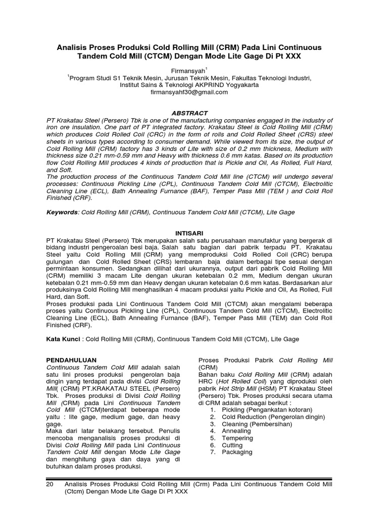 Analisis Proses Produksi Cold Rolling Mill (CRM) Pada Lini Continuous ...