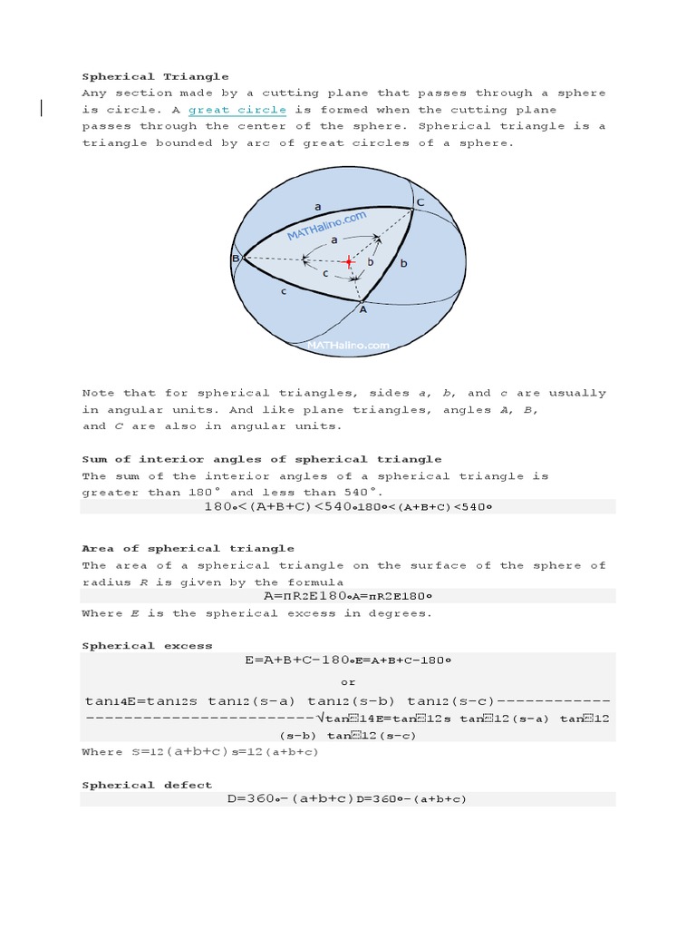 Spherical Triangle Area and Formulas | PDF | Sphere | Triangle