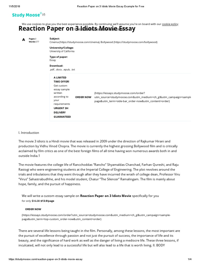 Reaction Paper On 3 Idiots Movie Essay Example For Free | PDF
