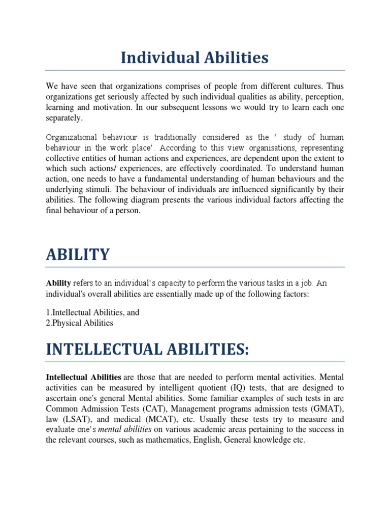 Individual Abilities: Ability Refers To An Individual's Capacity To ...