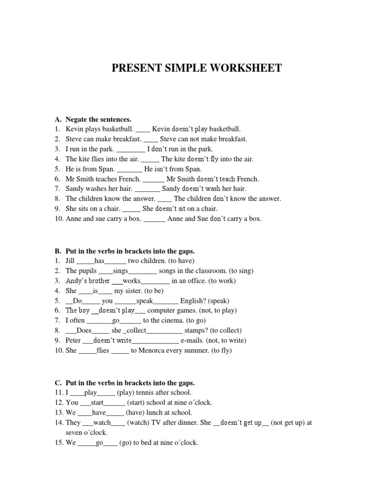 Present Simple Worksheet: A. Negate The Sentences | PDF | Language Arts ...