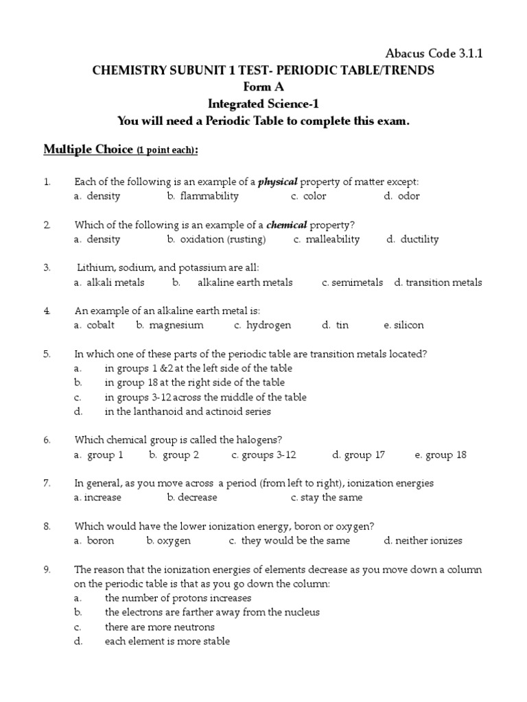 Chemistry Subunit 1 Test-Periodic Table/Trends Form A Integrated ...