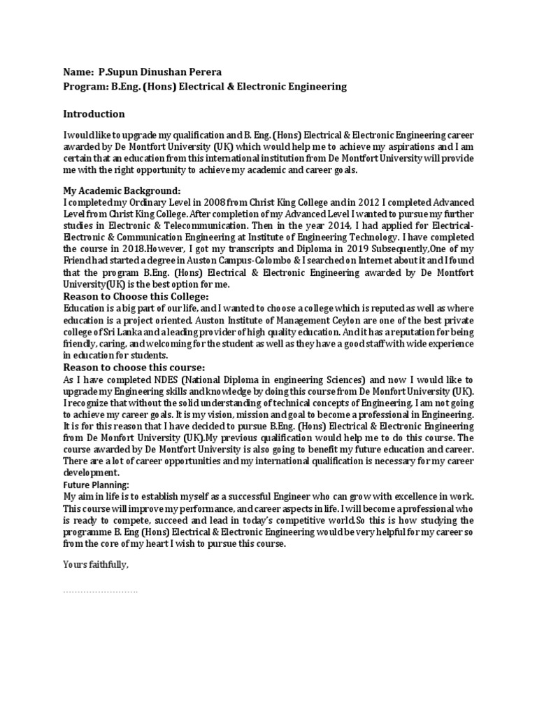 Electrical Engineering Personal Statement | PDF | College | Electrical ...