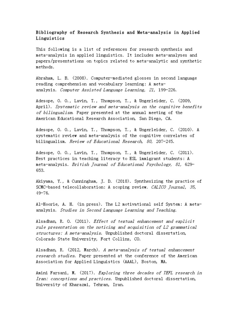 Bibliography of Research Synthesis and Meta Analysis | PDF | Second ...