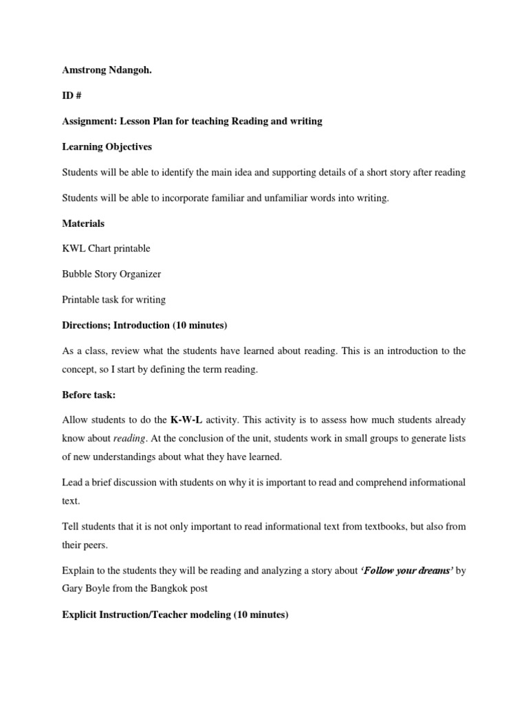 Reading and Writing Lesson Plan | PDF | Lesson Plan | Reading (Process)