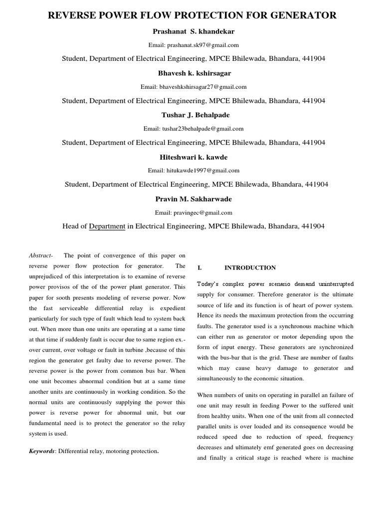 PK Reverse Power Flow Protection of Generator Paper | PDF | Electric ...