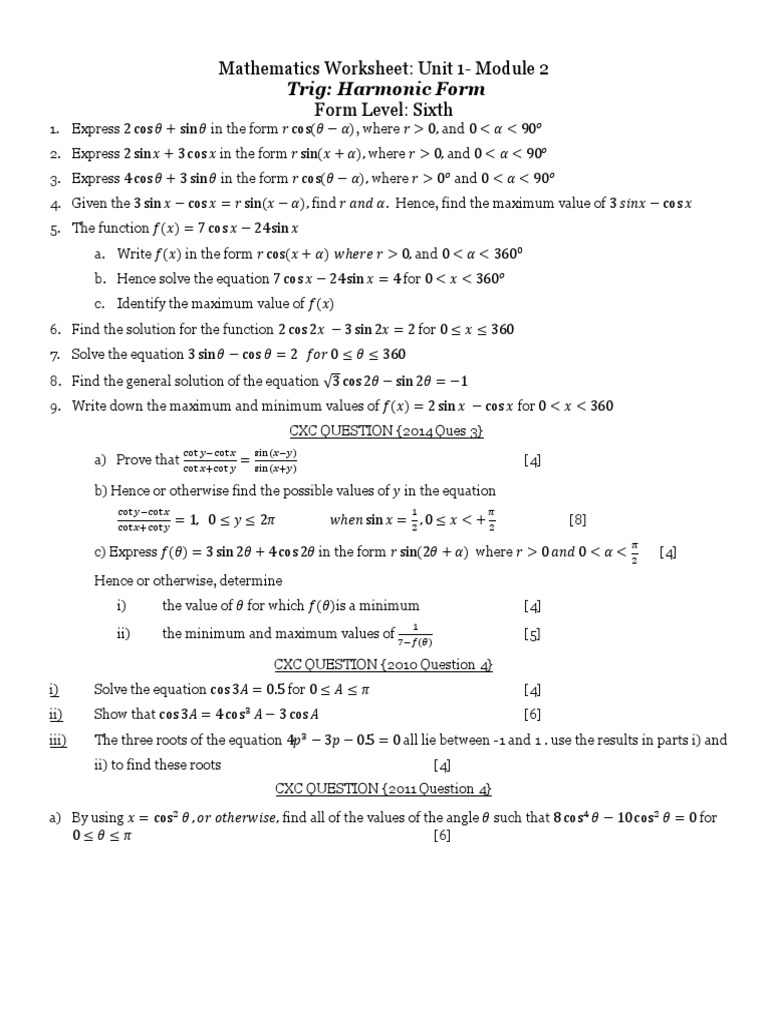 Harmonic Form (Worksheet) | PDF | Trigonometric Functions | Equations