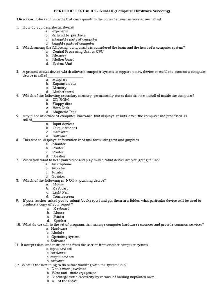 PERIODIC TEST in ICT-Grade 8 (Computer Hardware Servicing) | PDF ...