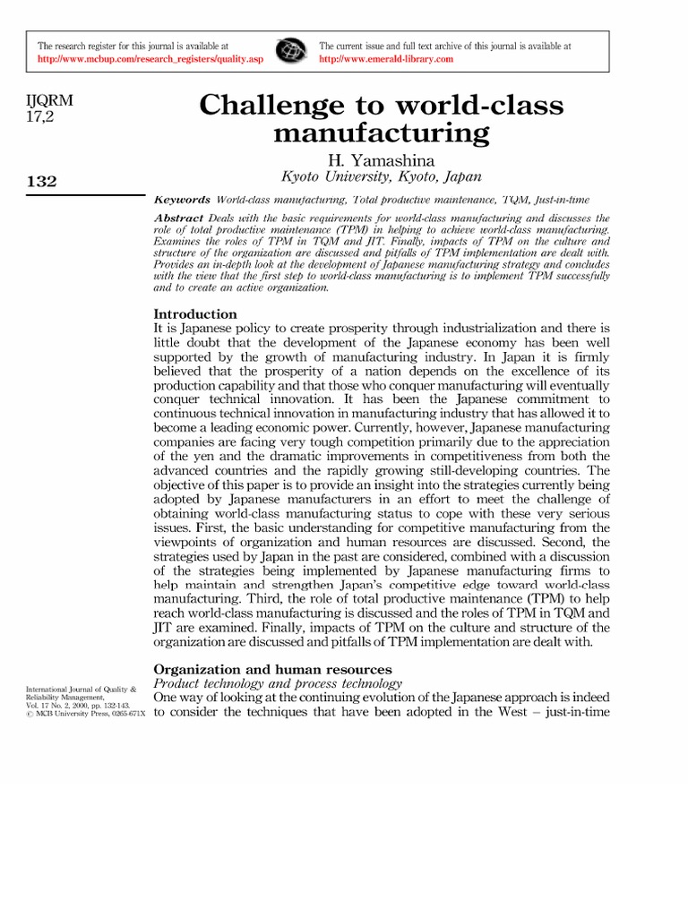 Challenge To World Class Manufacturing - YAMASHINA | PDF