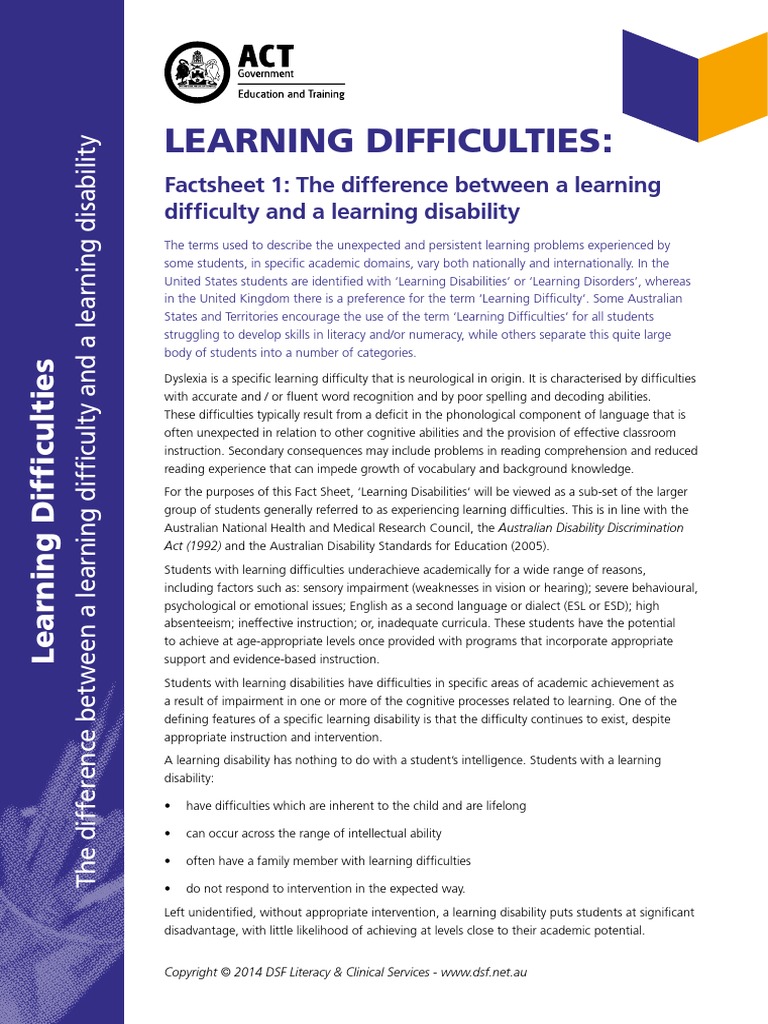 Learning Difficulties - Factsheets | PDF | Learning Disability | Dyslexia