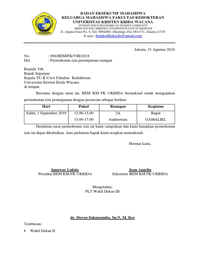 Permohonan Peminjaman Ruangan BEM FK UKRIDA | PDF