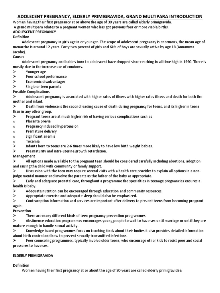 Adolecent Pregnancy, Elderly Primigravida, Grand Multipara Introduction ...