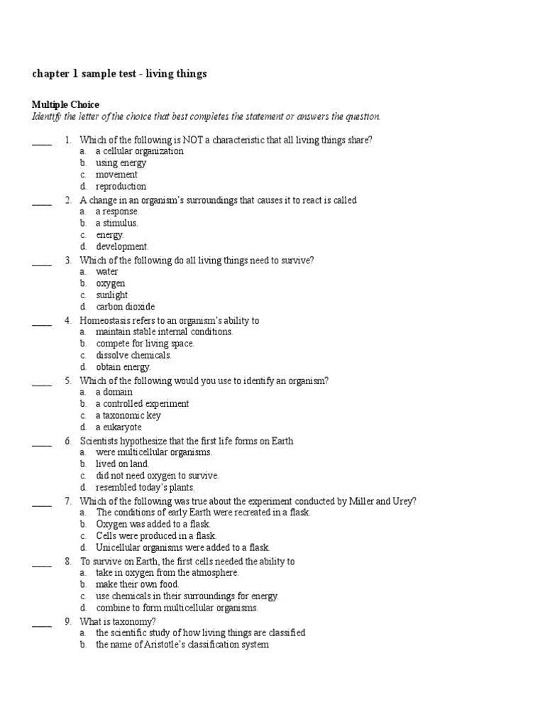 chapter 1 sample test living things.doc | Organisms | Life