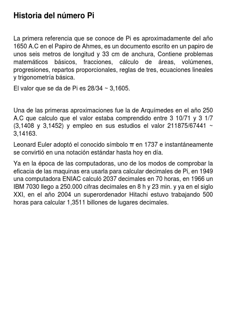 Historia del número Pi y su importancia | PDF | Pi | Conceptos matemáticos