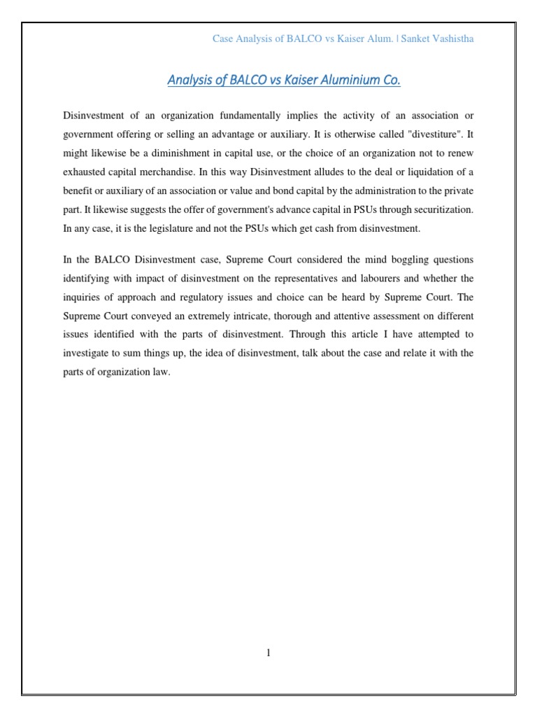 Case Analysis of BALCO Vs Kaiser Alum. - Sanket Vashistha | PDF ...