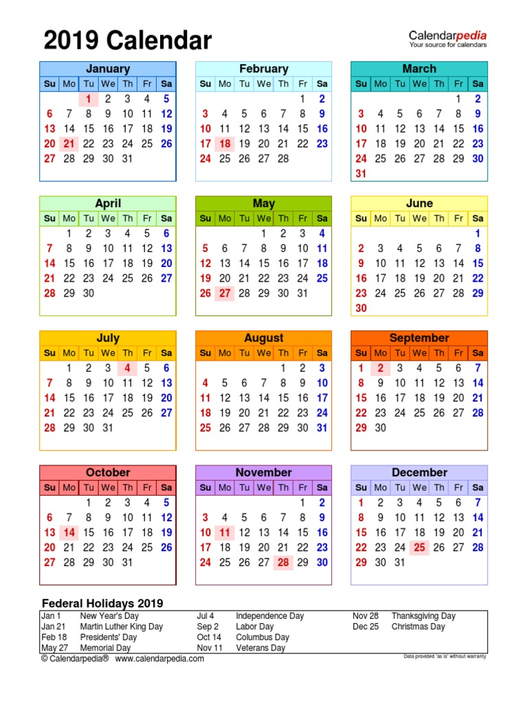2019 Calendar Portrait Year at A Glance in Color | PDF | Holidays | The ...
