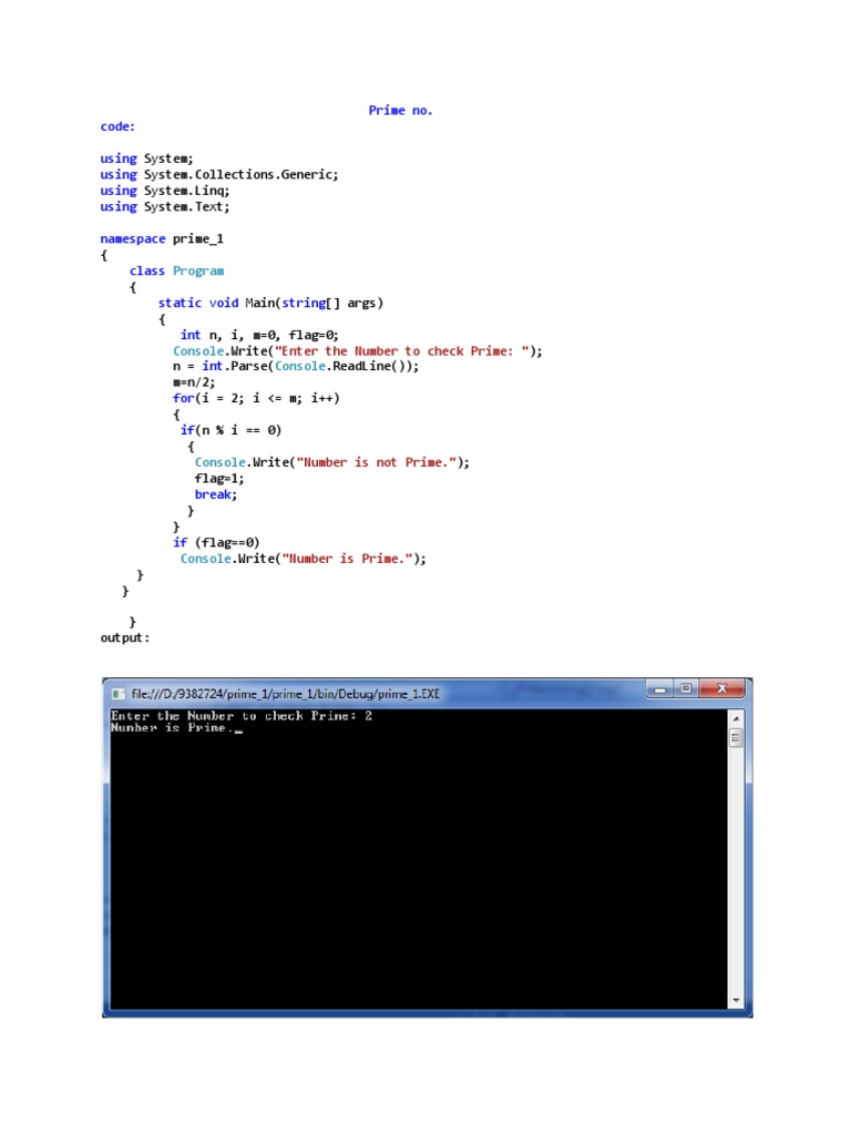 Prime No Code Using Using Using Using Namespace Class Static Void String Int Int For If Pdf