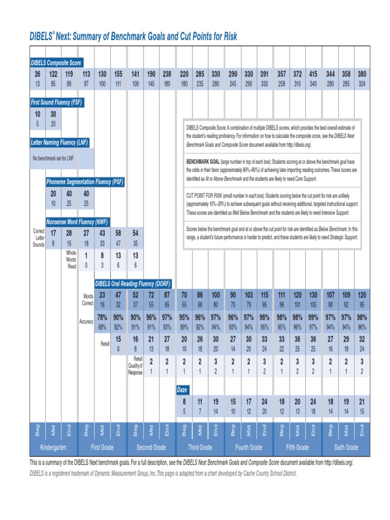 Dibels Next: Summary of Benchmark Goals and Cut Points For Risk | PDF ...