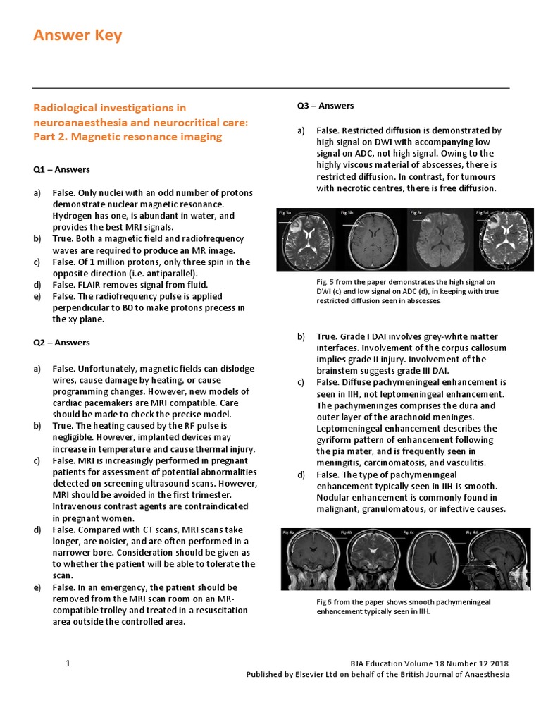 MRI in Neuroanaesthesia: Answer Key | PDF | Magnetic Resonance Imaging ...