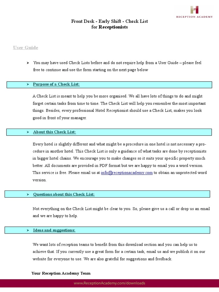 Front Desk - Early Shift - Receptionist - Check List | PDF | Business