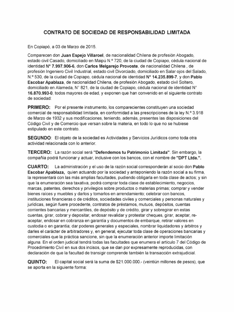 Contrato de Sociedad de Responsabilidad Limitada | PDF | Bancos | Cheque