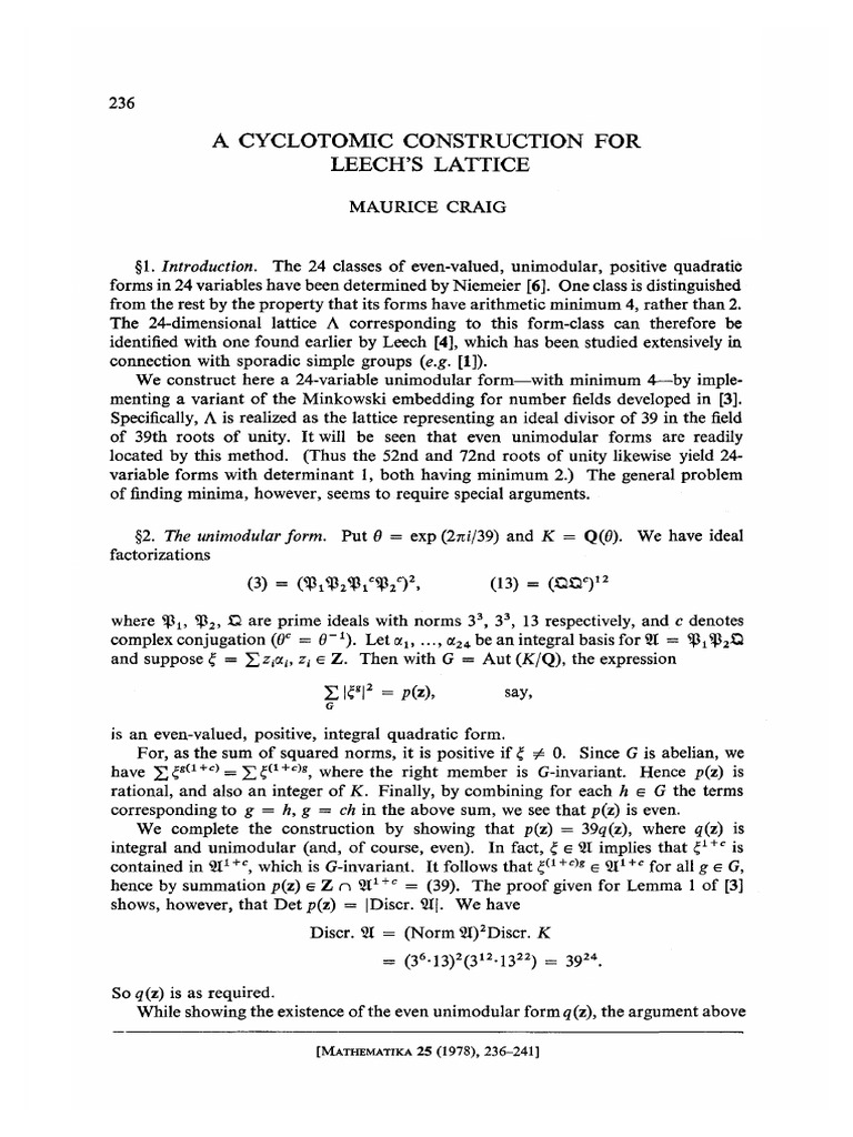 A Cyclotomic Contruction For Leech's Lattices | PDF | Integer | Field ...