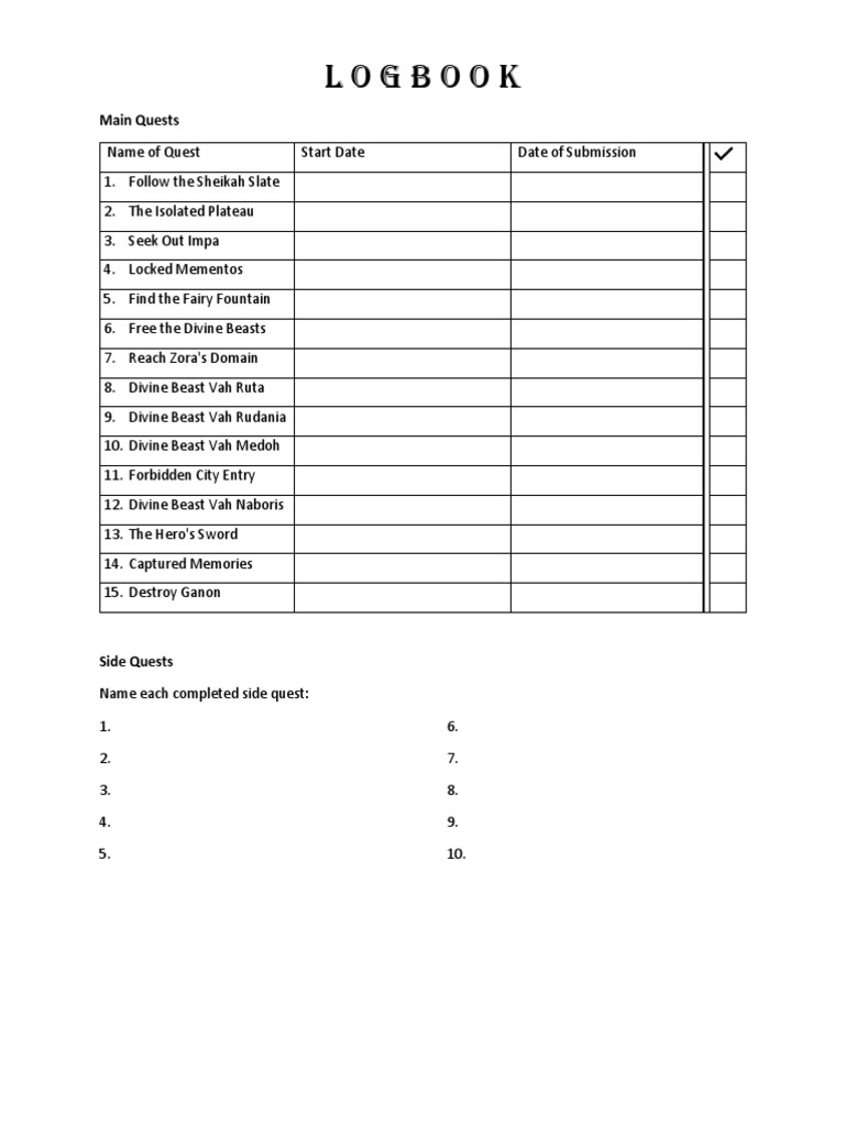 Zelda Quest Logbook Template | PDF