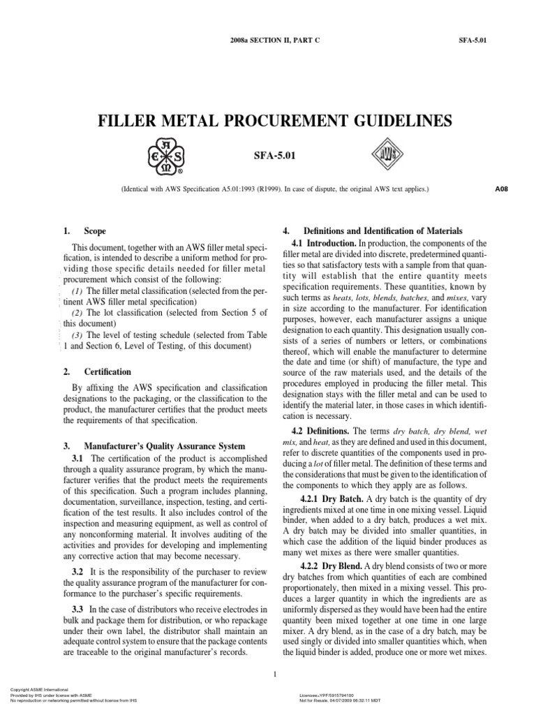 Sfa-5.01 Filler Metal Procurement Guidelines | PDF | Metals | Materials