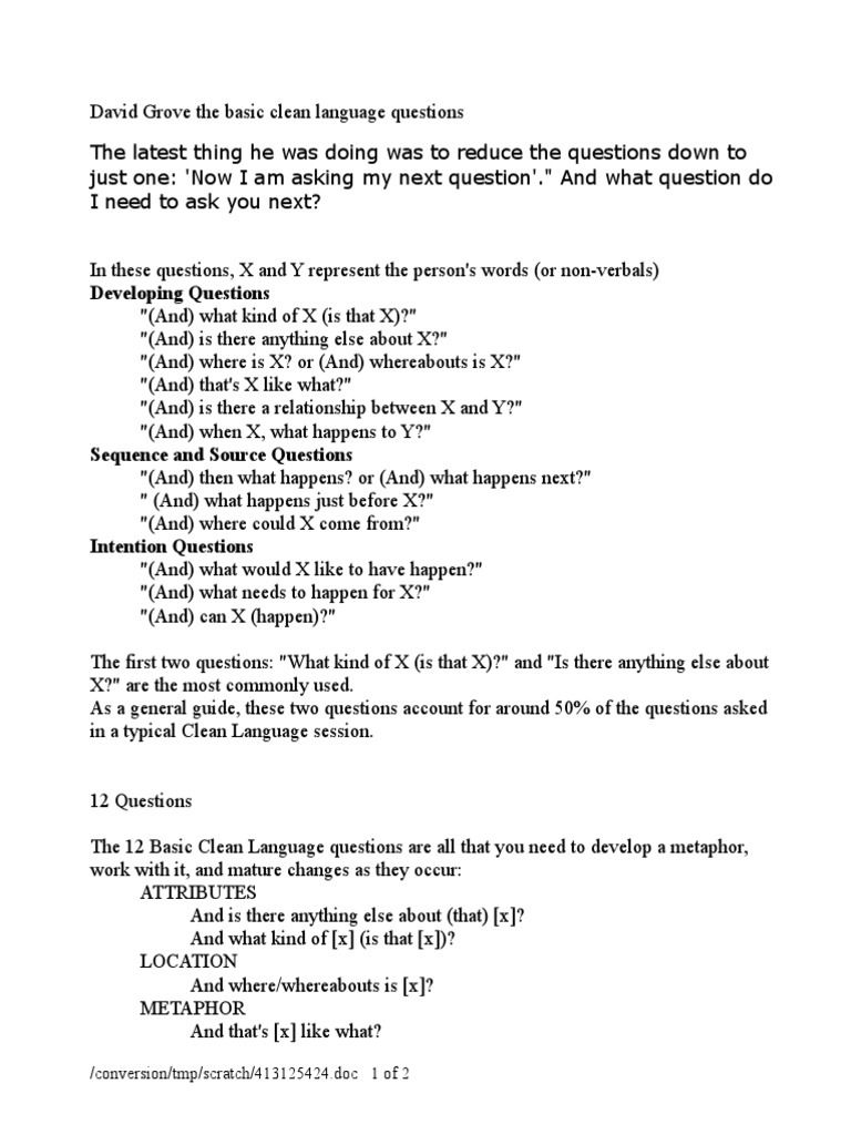 David Grove Basic Clean Language Questions | PDF | Psychological ...