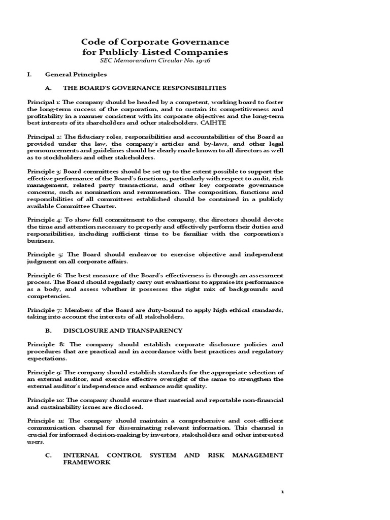 Code of Corporate Governance For Publicly Listed Companies | PDF ...
