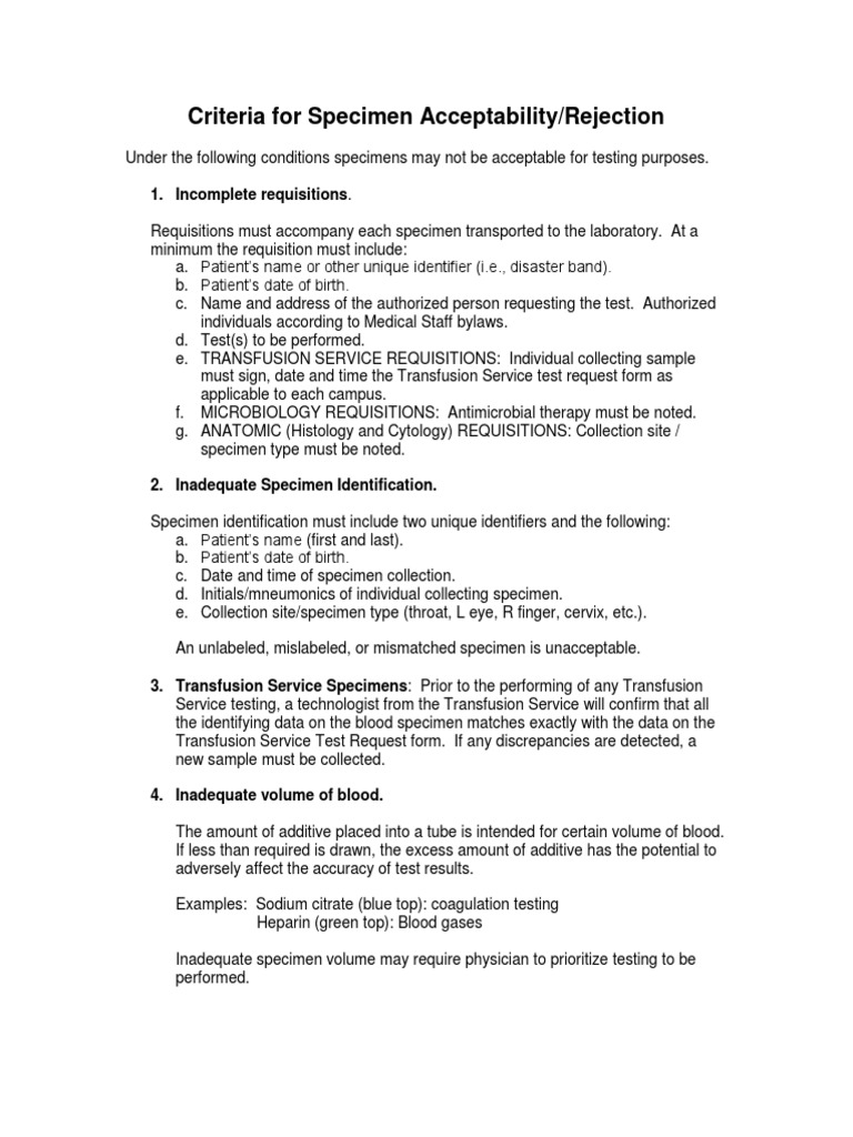 Criteria For Specimen Acceptability | PDF | Blood | Diseases And Disorders