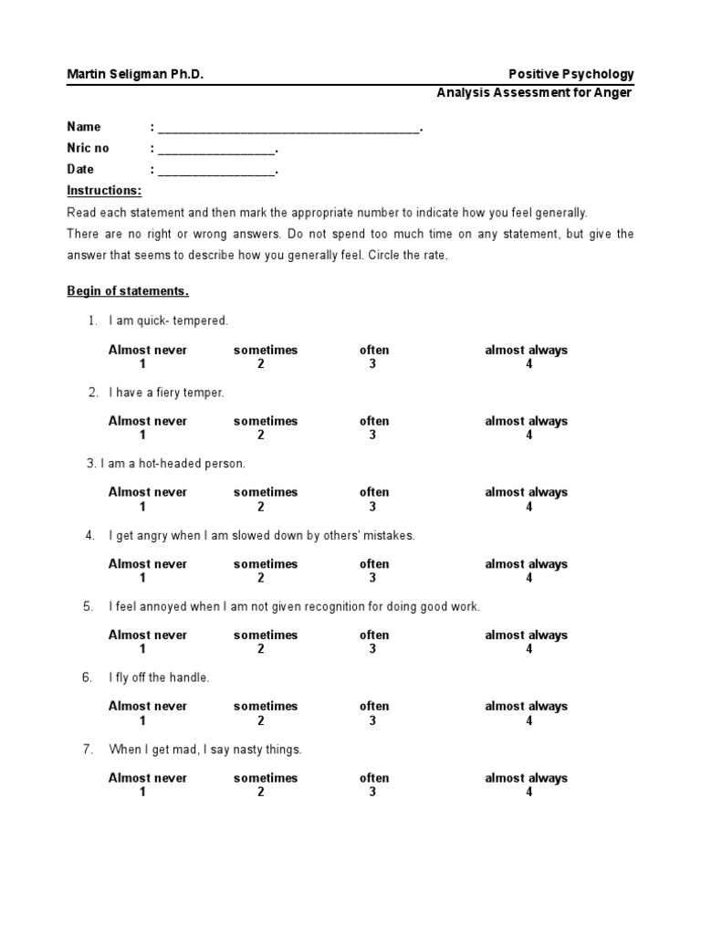 Anger Assessment Questionnaire | PDF | Anger | Psychology