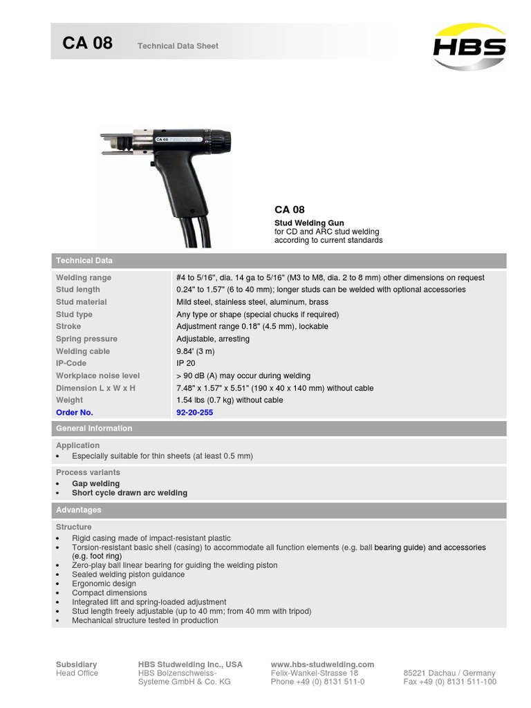 CA 08 Stud Welding Gun Technical Data | PDF | Welding | Construction