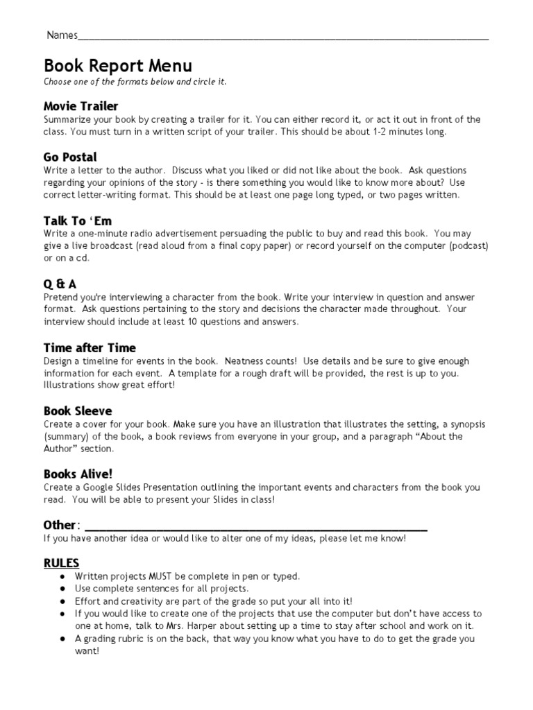 Book Report Menu | PDF | Books
