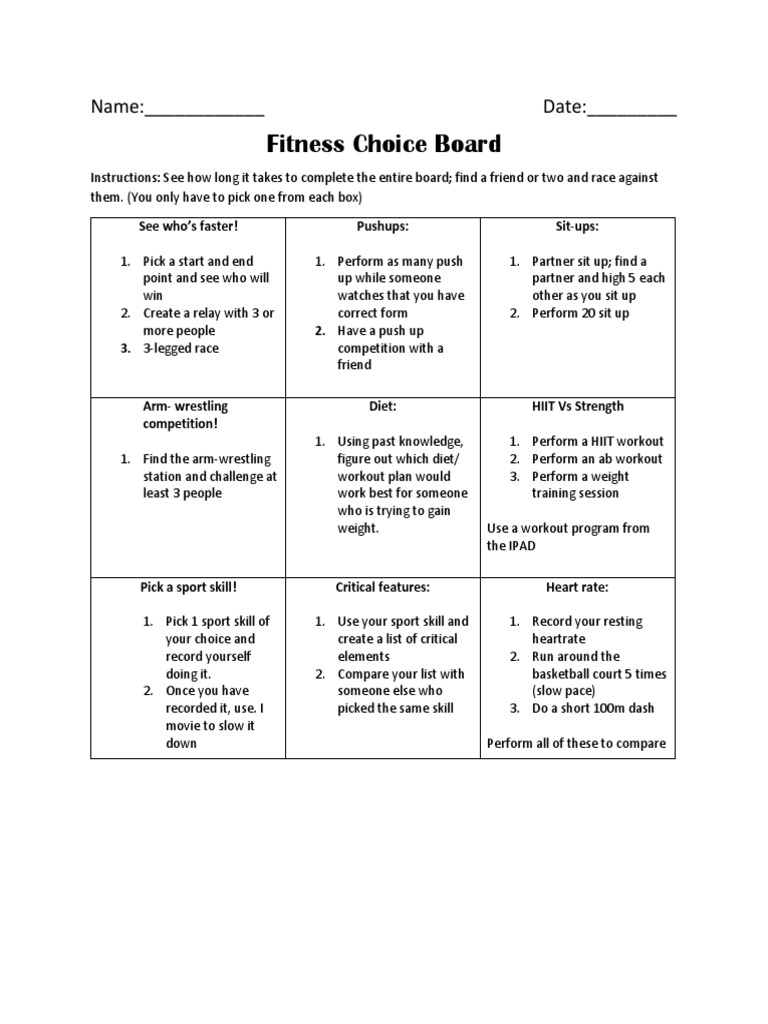 Fitness Choice Board Activities Guide | PDF | Sports | Physical Exercise