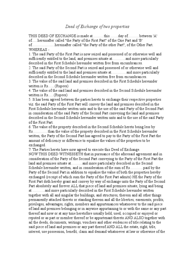 Deed of Exchange of Two Properties | PDF | Deed | Civil Law (Legal System)