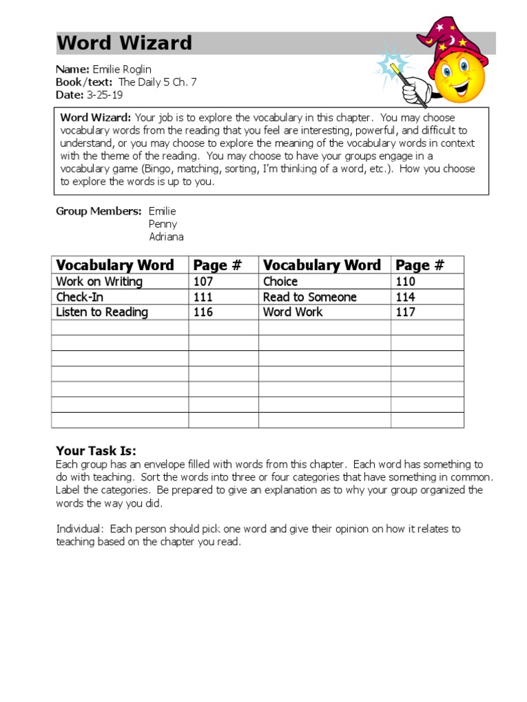 Word Wizard Role Sheet | Download Free PDF | Vocabulary | Cognition