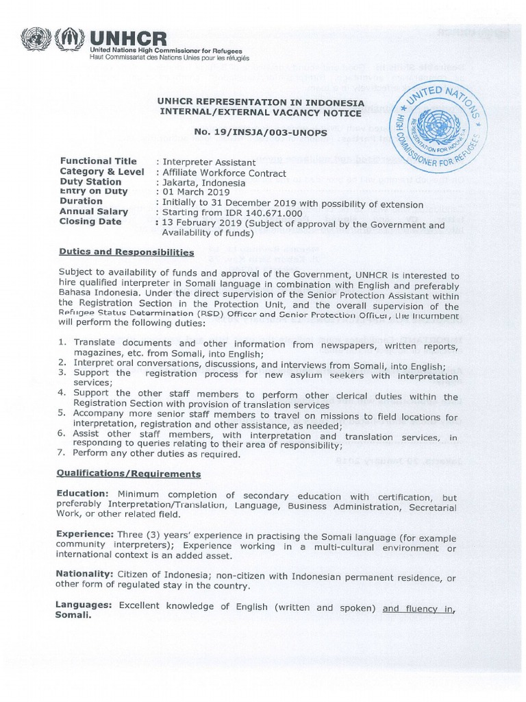 003 Interpreter Assistant Somali Language UNOPS UNHCR Indonesia | PDF