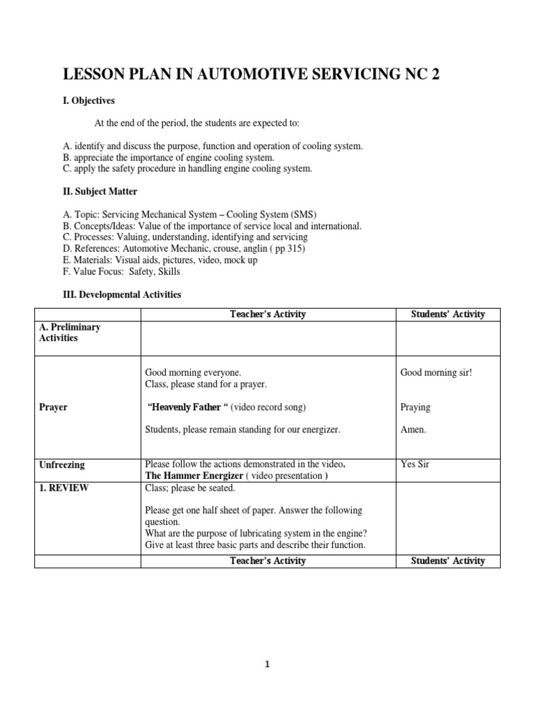 Lesson Plan in Automotive Servicing NC 1 | PDF | Radiator | Internal ...