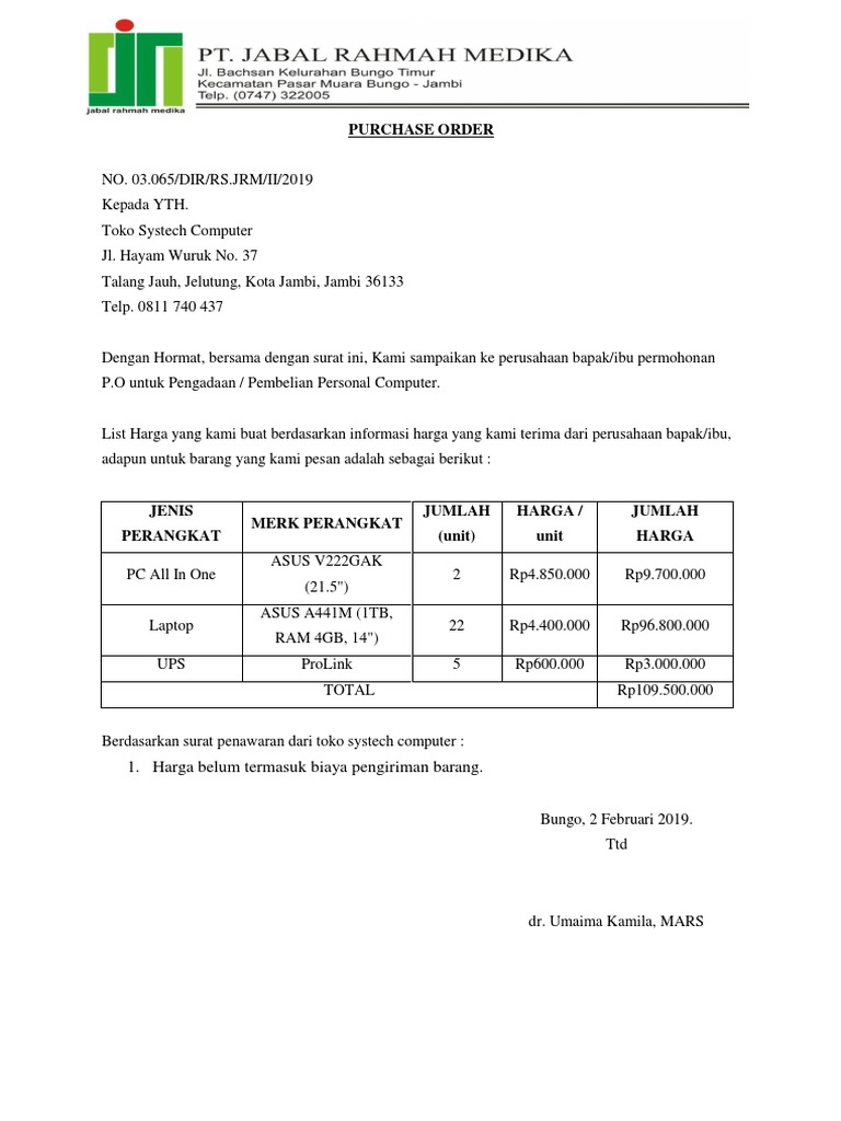 Contoh Surat Purchase Order Barang | PDF