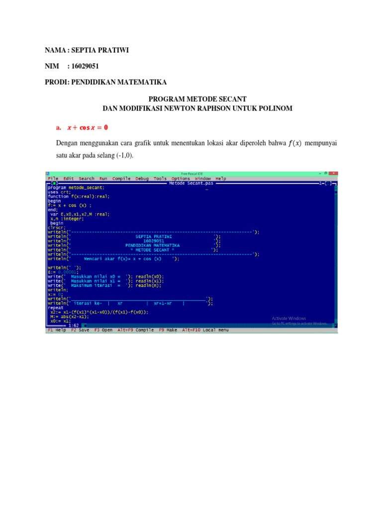 Septia Pratiwi (16029051) Tugas Program Metode Secant Dan Modifikasi Metode Newton Raphson | PDF ...