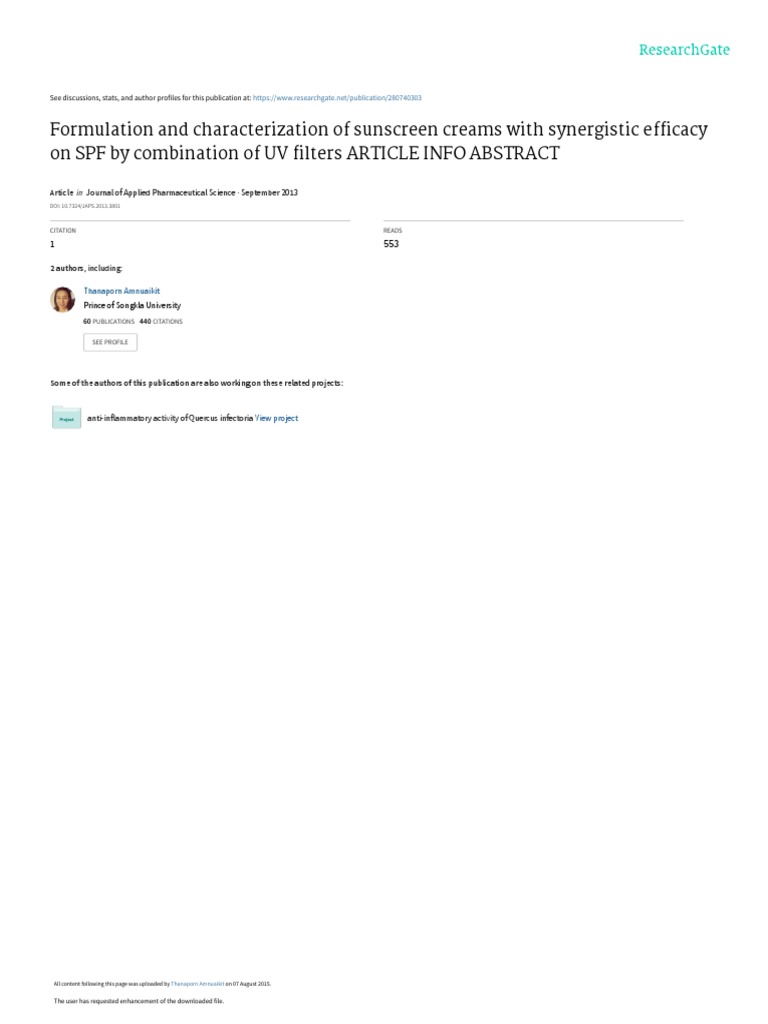 Formulation and Characterization of Sunscreen Creams With Synergistic ...