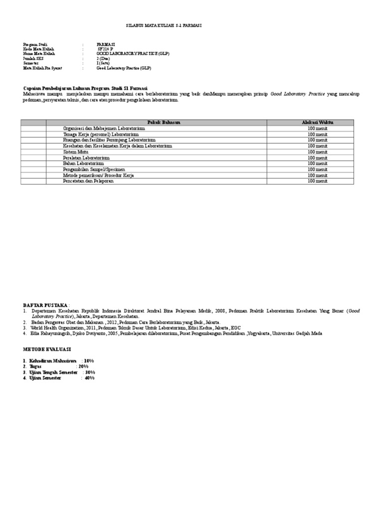 SILABUS-GLP (Good Laboratory Practice) | PDF