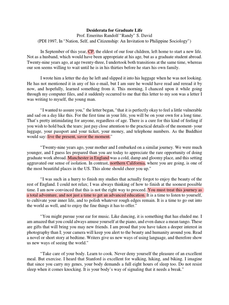Desiderata For Graduate Life | PDF | Wellness | Poetry